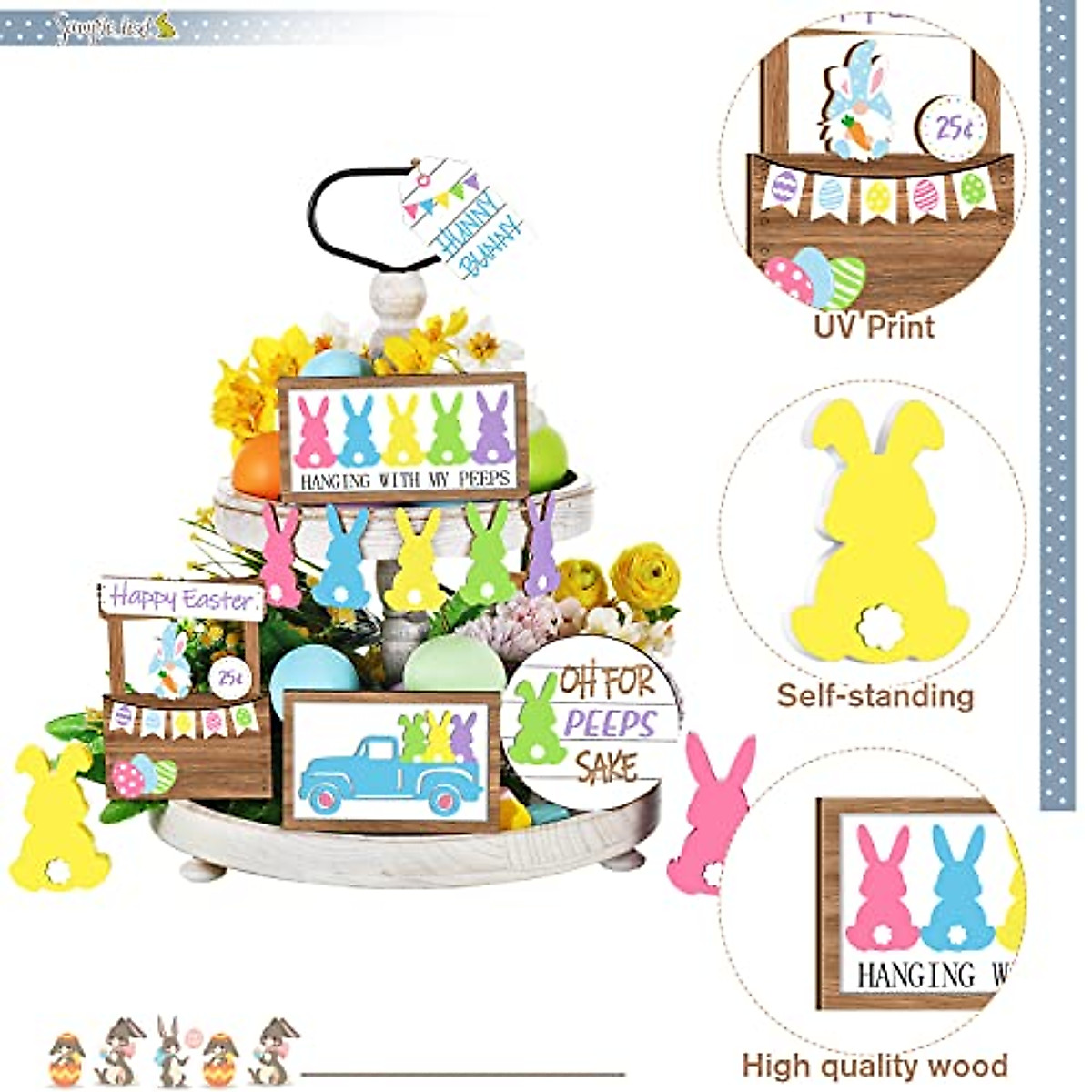12 Pcs Easter Tiered Tray Decor Set Easter Bunny Wood Sign Rustic Farmhouse Decor Tiered Tray Decorative Trays Signs for Easter Table Holiday