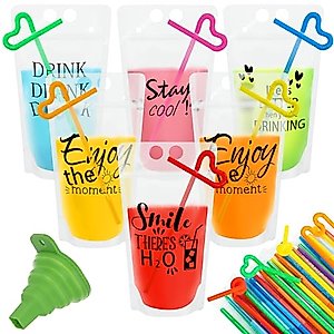 Ozera 50 Pcs Drink Pouches for Adults, Reusable Drink Pouches with Straws Funnel, Funny Text Juice Pouches for Adults Teen, Novelty Hand-held Plastic Smoothie Pouches for Drinks(5 Styles)