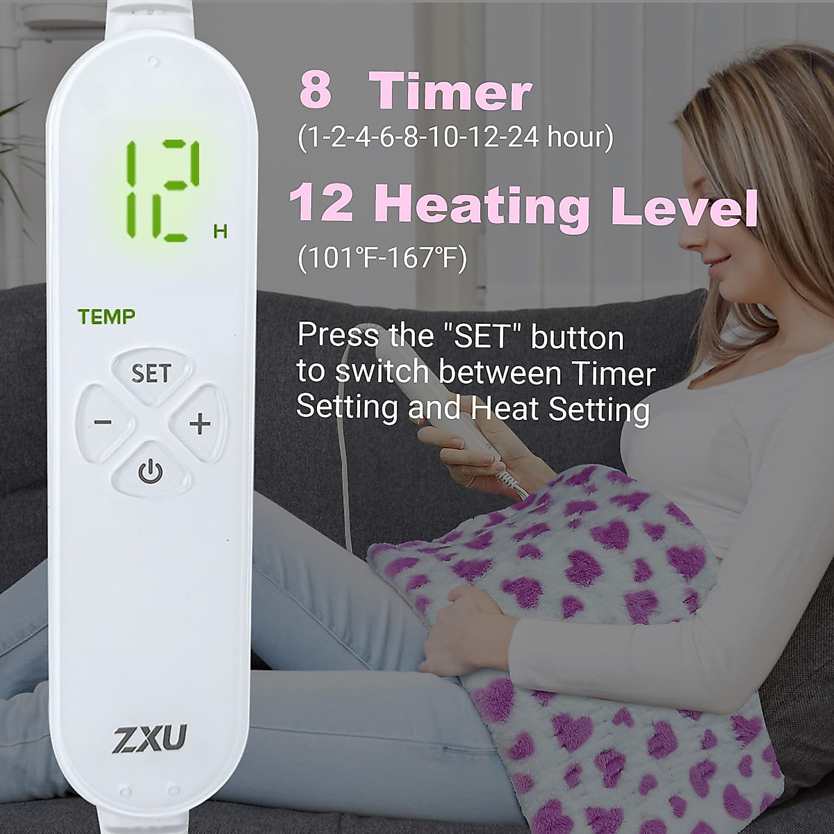 ZXU Heating Pad for Back Pain Relief, Ultra Soft Sherpa Heating Pad for Cramps Relief with 12 Heat Setting and Auto Shut Off Function, Moist Heat Option, Machine Washable Cute Heating Pad