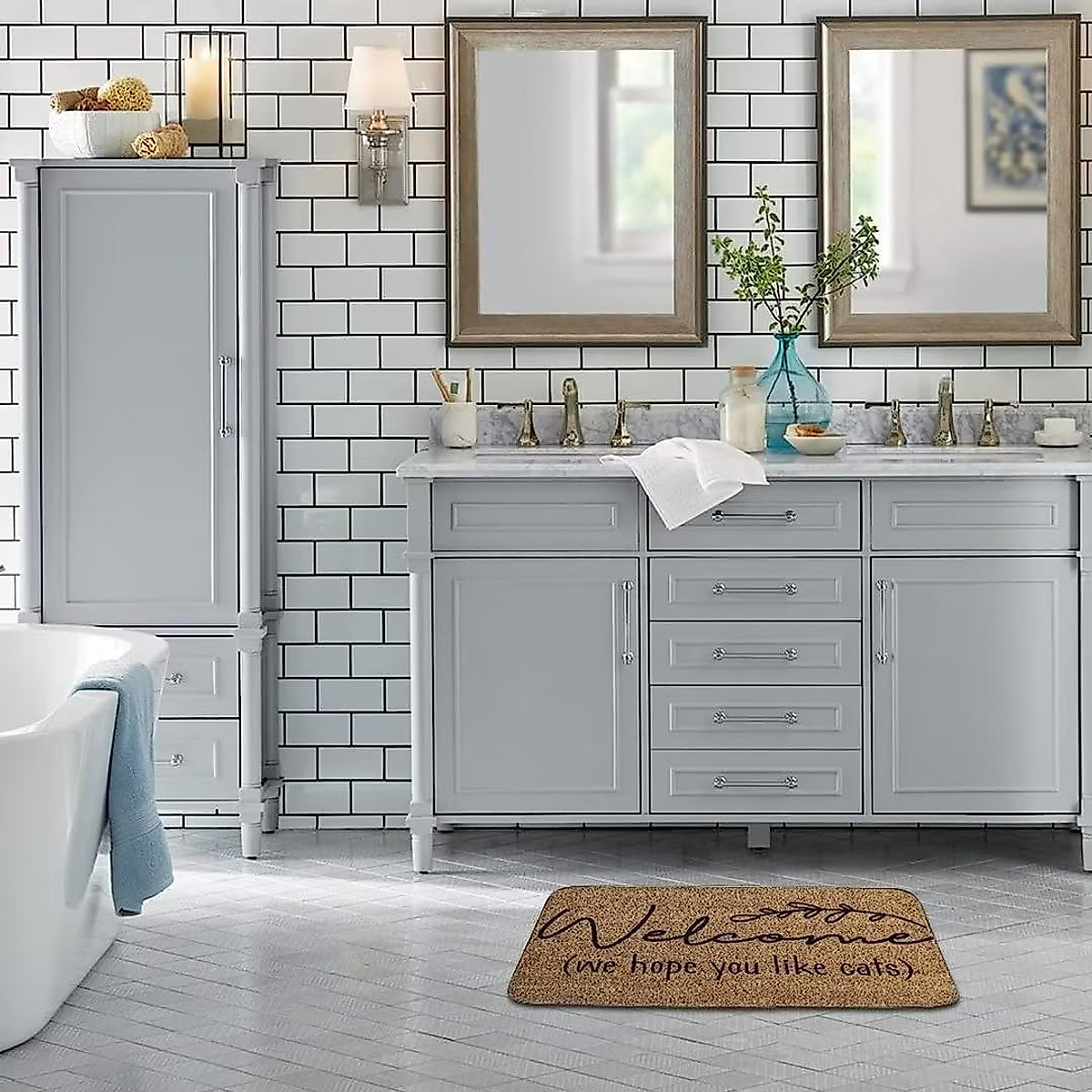 Flower Khaki Simple Tile Entrance Floor Mat Personalized Doormat, Farmhouse Welcome Door Mat, Low Profile Non Slip Entry Rugs for Bathroom Kitchen Home Front Decor, 17x30 Inch