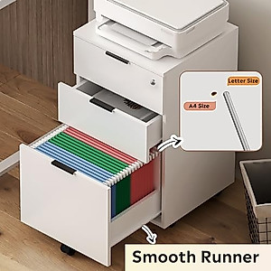 GOSROMS 3 Drawer File Cabinet with Lock & Charging Station, Wooden Move File Cabinet with Wheels, for Home Office, A4/Letter Size Files Under Desk - White