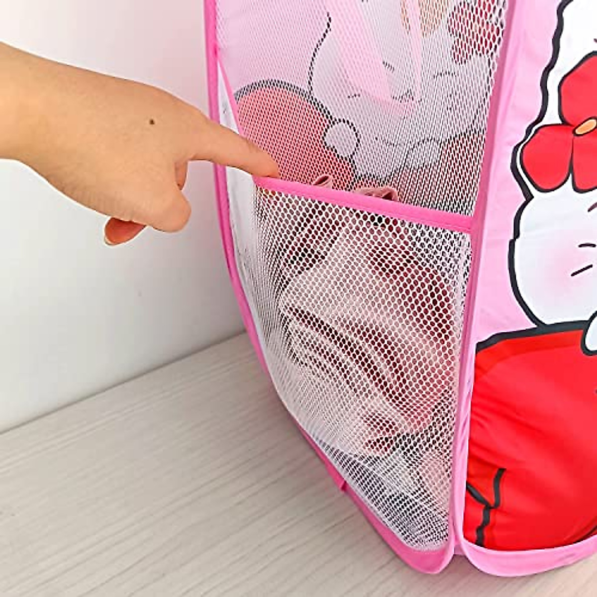 WEI LONG Mesh Popup Hamper-Foldable Lightweight Basket for Washing-Durable Clothing Storage for Kids Room,Students College Dorm,Home,Travel & Camping-Pop-up Clothes Hamper (Pink Kitty Cat)