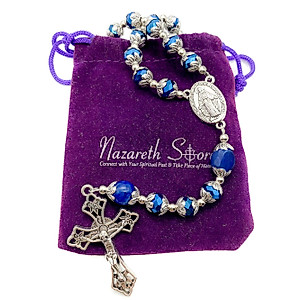 Nazareth Store Deep Blue Crystal Beads Rosary Blue Agate Glory Stone Beaded Necklace Miraculous Medal & Cross Crucifix Religious Rosaries Collection