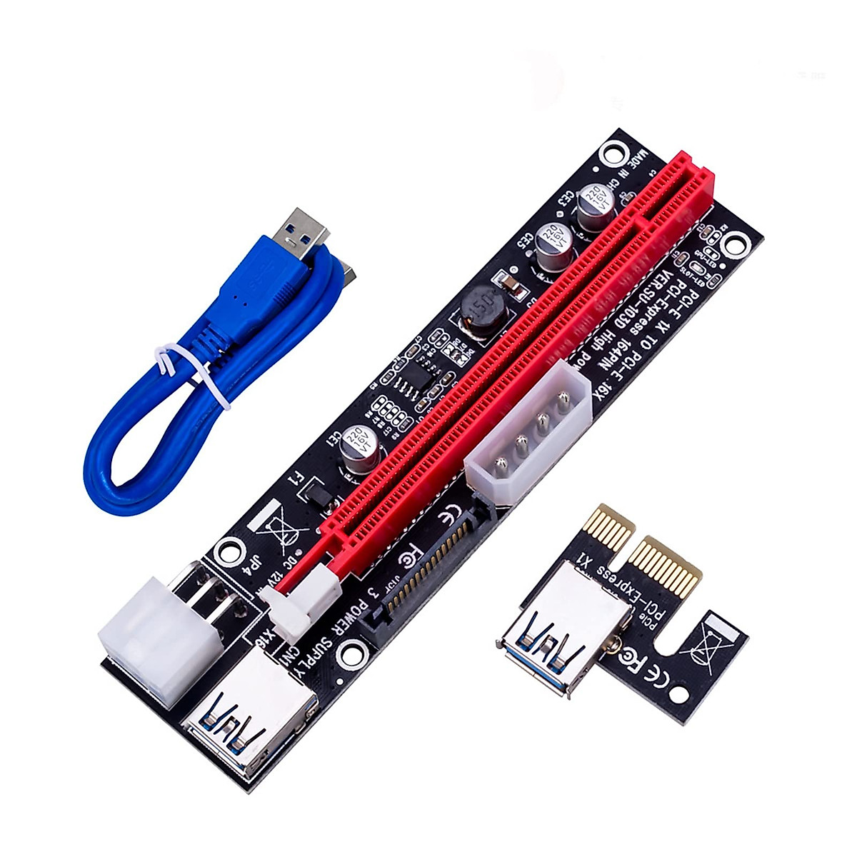 6 Pack PCI-E Riser with Led Notice, Multi-Interface Function Express Cable 1X to 16X Graphics Extension PCIe Riser,Powered Riser Adapter Card+60cm USB 3.0 Cable for Bitcoin Litecoin ETH Coin Mining