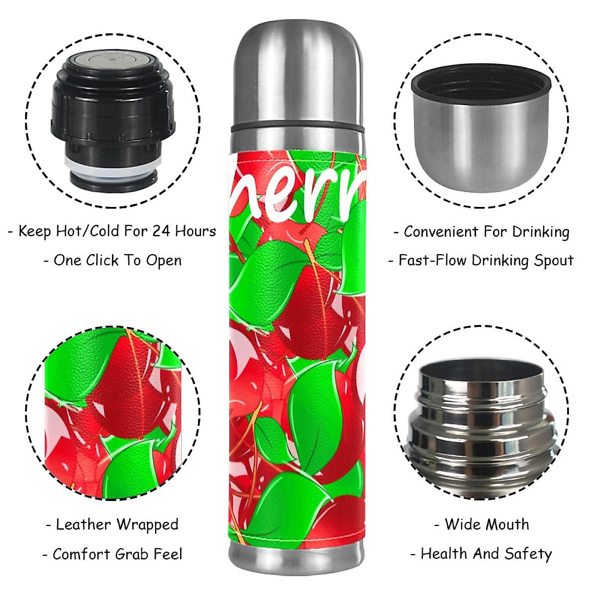 Stainless Steel Leather Vacuum Insulated Mug Cherry Thermos Water Bottle for Hot and Cold Drinks Kids Adults 16 Oz