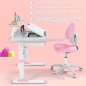 COSVALVE Premium Kids Study Desk and Chair Set,Adjustable Girls School Writing Study Table,Ergonomic Desk Chair with Large Writing Board Pull Out Drawer Bookstand Pink