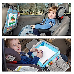 Zooawa Kids Travel Tray Car Seat Trays, Detachable 4 in 1 Toy Storage Organizers Bag iPad Kindle & Other Tablets Holder for Toddlers -Blue