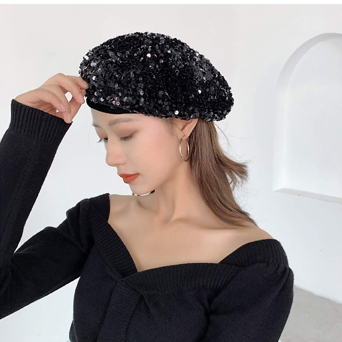Bling Beret Hats for Women Color Paris Artist Cap Fashionable Ladies Sparkle Shining French Style Beanie Beret (Black)