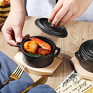 Suttmin 2 Sets Mini Dutch Oven Pot with Lid and Wooden Base Pre Seasoned Cast Iron Casserole Mini Cast Iron Pot Round Cocotte with Handle Heavy Duty Casserole Dish for Grill Oven, Black（8 oz）