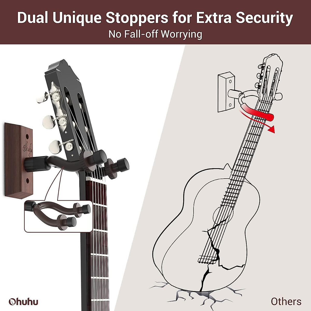 Ohuhu Guitar Wall Mount Hanger Walnut 2-Pack, Guitar Hanger Wall Hook Holder Stand for Bass Electric Acoustic Guitar Ukulele