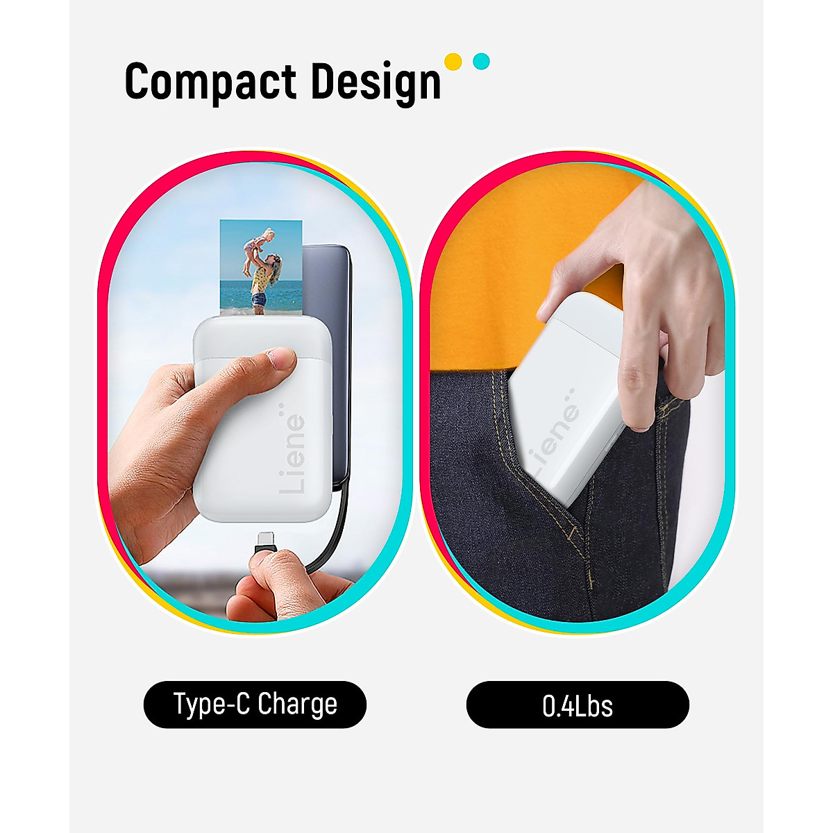 Liene 2x3” Photo Printer, Mini Instant Portable Photo Printer Bundle w/ 50 Zink Adhesive Paper, Bluetooth 5.0, Compatible w/iOS & Android, Small Picture Printer for iPhone, Smartphone, White