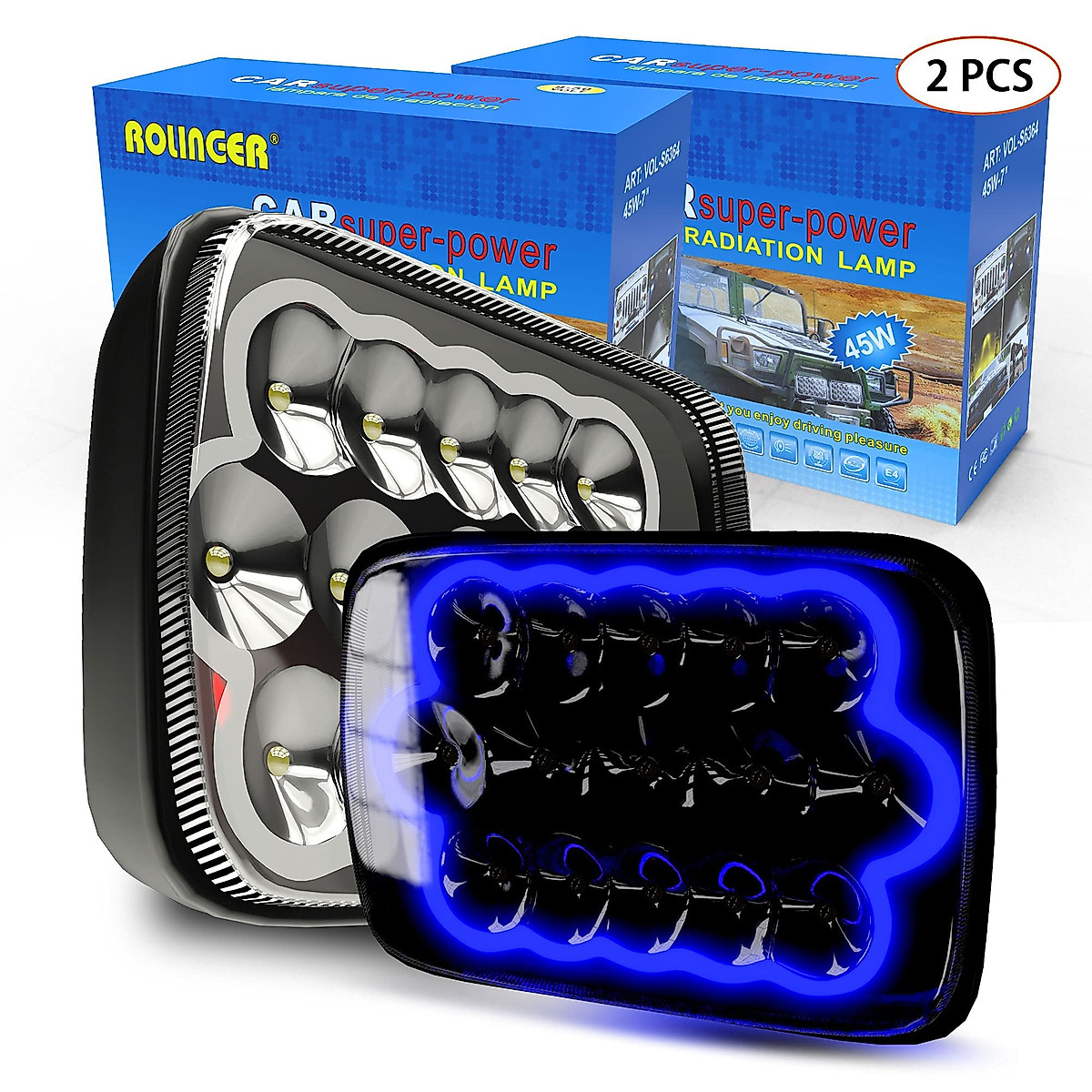 ROLINGER 2PCS H6054 Led Headlights 7x6 5x7 Auto Head Lamp Replacement 2PCS Hi/Low Sealed Beam with Blue DRL Lights Compatible with Jeep Wrangler YJ XJ Cherokee E250 Chevy Van Truck Toyota Mr2