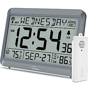 WallarGe Atomic Clock with Indoor Outdoor Temperature, Self-Setting Digital Wall Clock Battery Operated, 4 Time Zones, DST