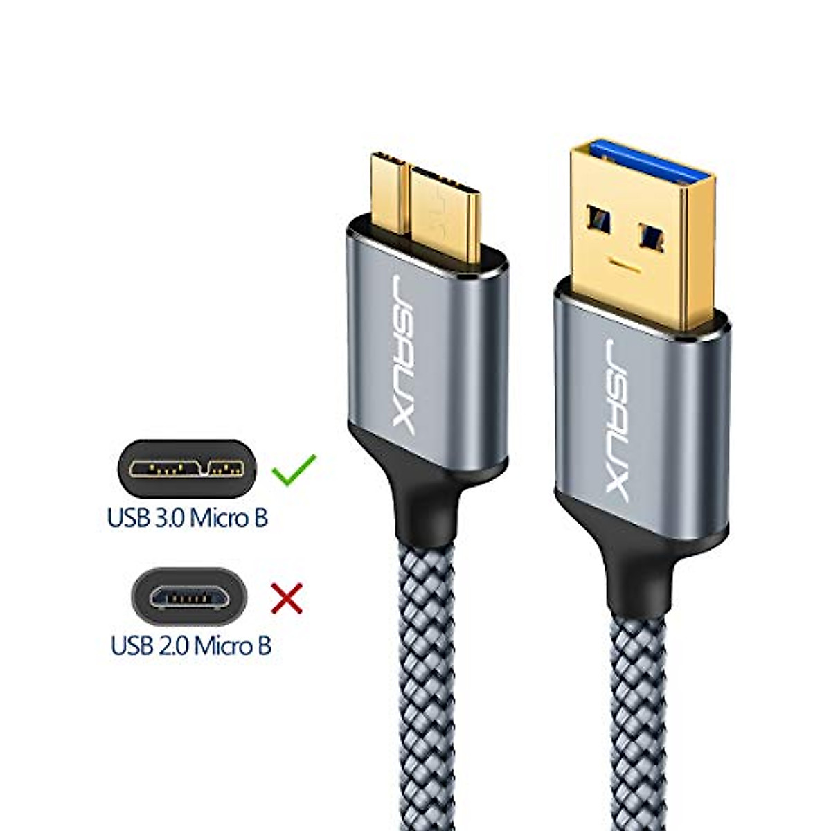 JSAUX [3.3FT+6.6FT] Micro USB 3.0 Cable, USB A Male to Micro B Cable 2 Pack External Hard Drive Cable Nylon Braided Cord for Samsung S5/Note 3, Camera, Toshiba, Seagate Hard Drive, WD Hard Drive-Grey