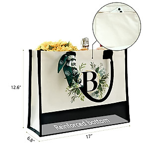 CROWNED BEAUTY Canvas Tote Bag with Zipper Pocket, Personalized Birthday Gift for Women, Floral Initial Letter B Bag for Vacation Beach CT02-B
