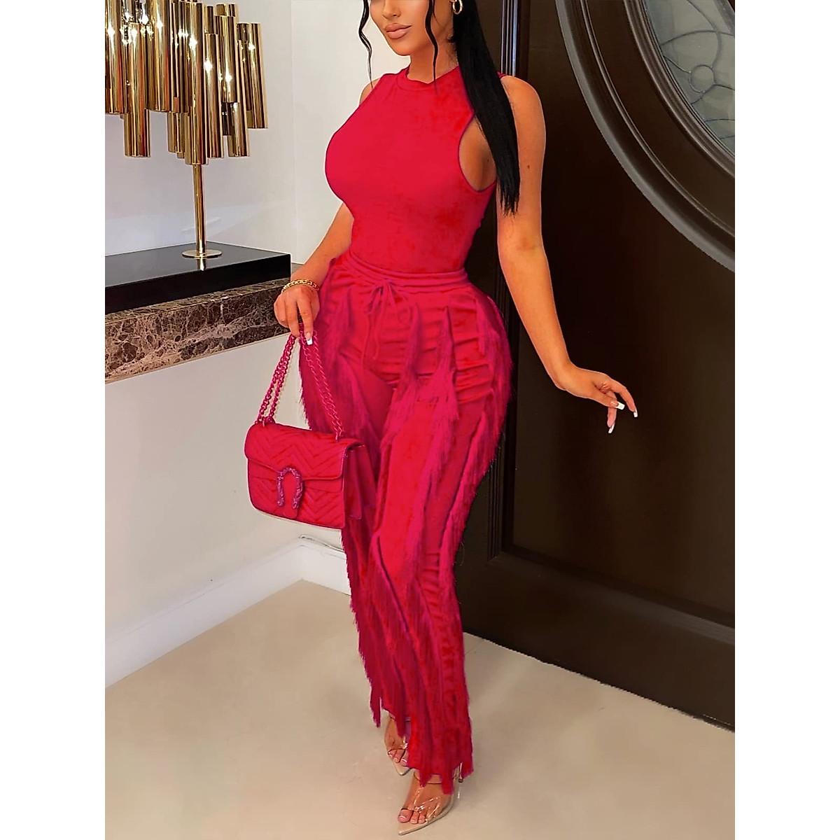 Vakkest Tassel Bodycon Long Pants Tracksuit Sets for Women Ladies Girls Females Two Piece Outfits Solid Color Activewear