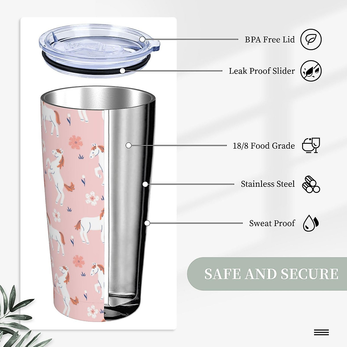 20 Oz Tumbler with Lid and Straw, Cartoon Cute Horse Flower Pink Insulated Tumbler Stainless Steel Cups, Personalized Coffee Tumbler Travel Mug Water Bottle