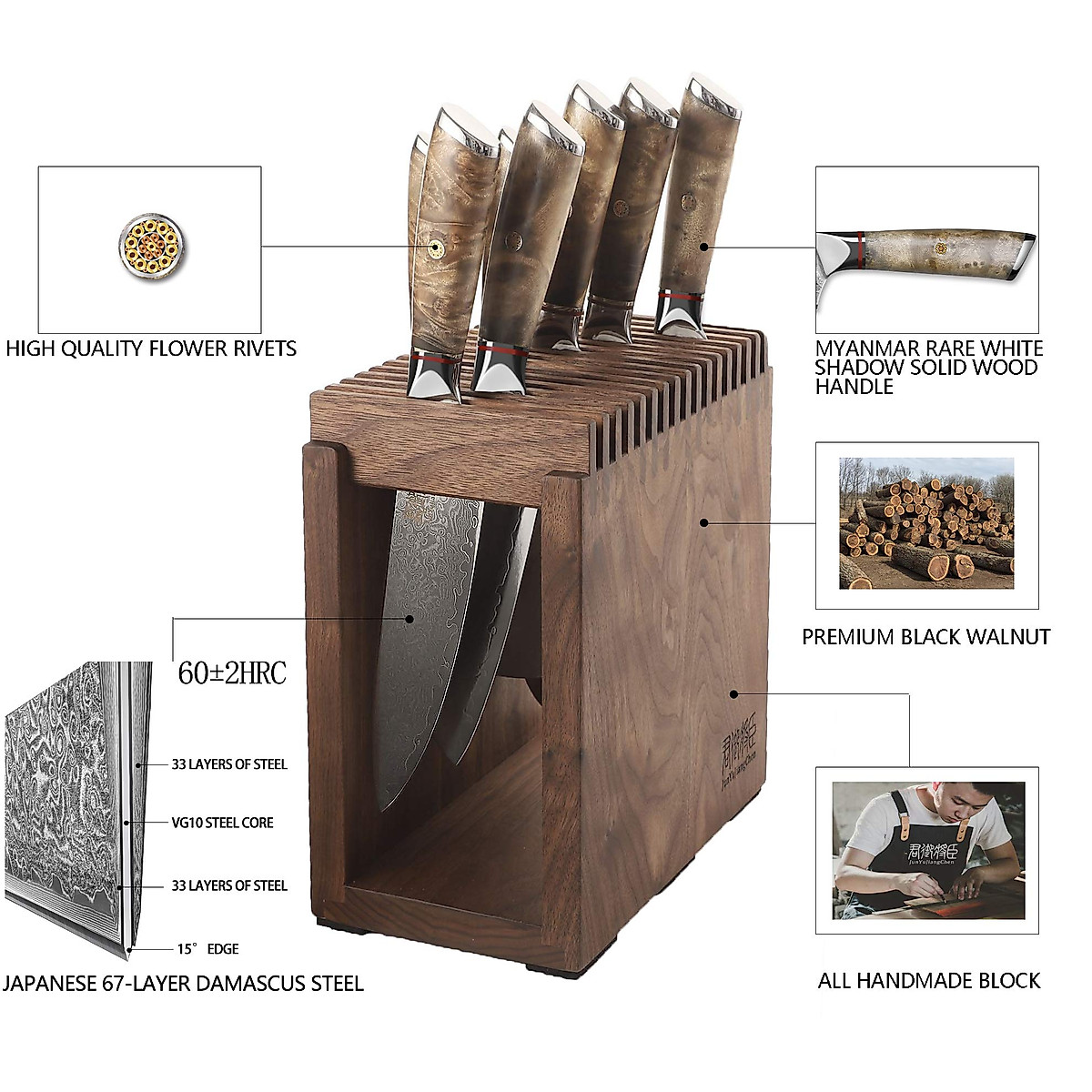 Kitchen Damascus Knife Set Japanese VG-10 Steel Knives Block Set Shadow Wood Handle for Chef Knife Set High Carbon Core Stainless Steel Full Tang Kitchen Knife Set with Block (8 Piece)