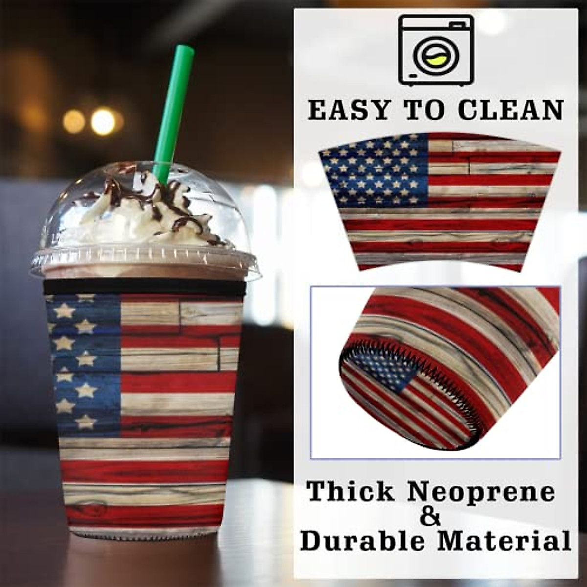 Vintage American Flag Iced Coffee Sleeve, USA Flag Reusable Neoprene Insulated Sleeves Cup Cover Holder for Cold Drinks Beverages 16oz - 18oz
