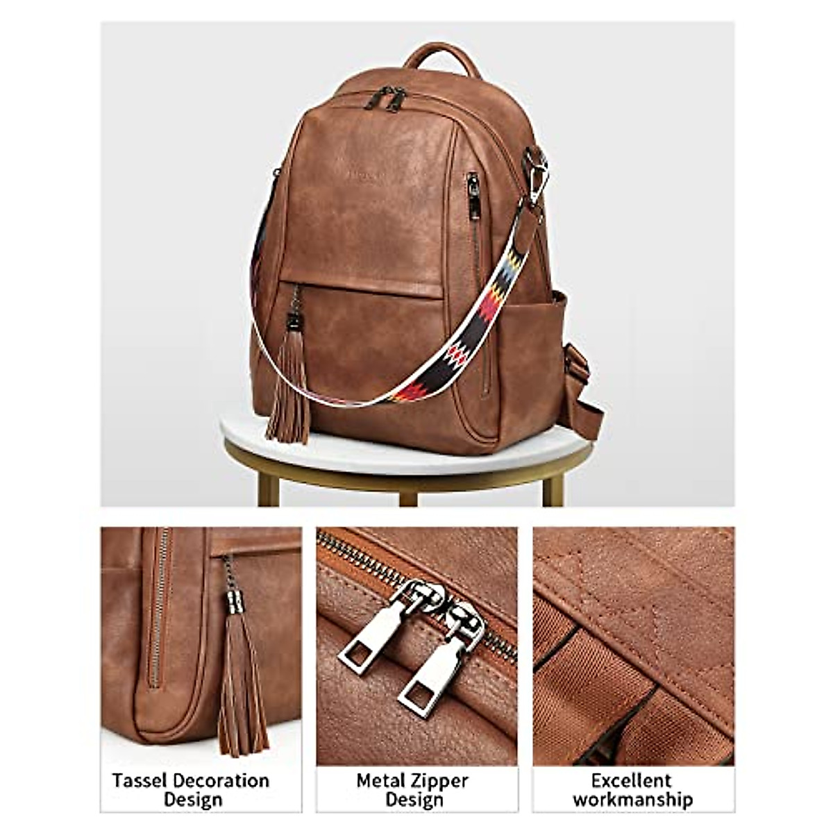 FADEON Leather Laptop Backpack Purse for Women Laptop Backpacks, Designer Mutiple Pockets Ladies Shoulder Bags Brown