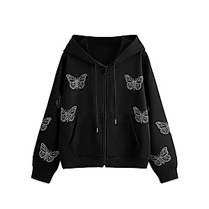 SweatyRocks Women's Butterfly Rhinestone Zip Up Hoodie Black L