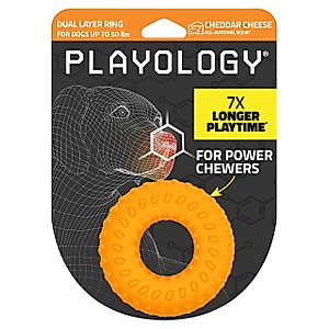 Playology Dual Layer Ring Toy for Medium Dogs up to 50lbs | Engaging All-Natural Cheddar Cheese Scented Durable Dog Chew Toy for Power Chewers | Easy to Clean, Interactive & Non-Toxic