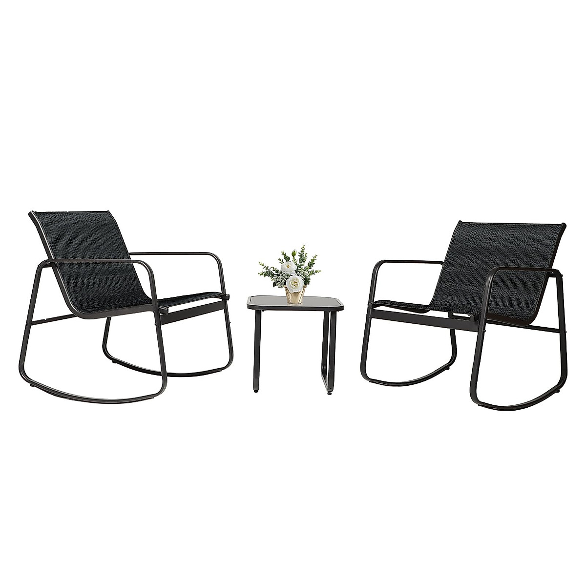 Patiomore 3 Pieces Outdoor Rocking Chairs, Patio Bistro Furniture Black Wicker Chair Set with Tempered Glass Table and Thick Dark Blue Cushion