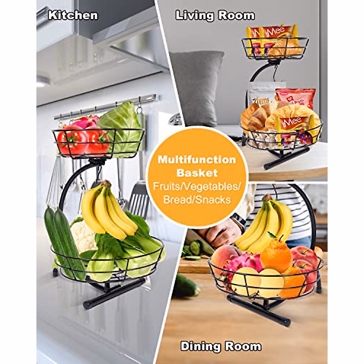 covsus 2 Tier Countertop Fruit Basket Bowl with Banana Hanger for Kitchen Counter, Wire Fruit Stand Holder for Fruits Vegetable Storage, Black