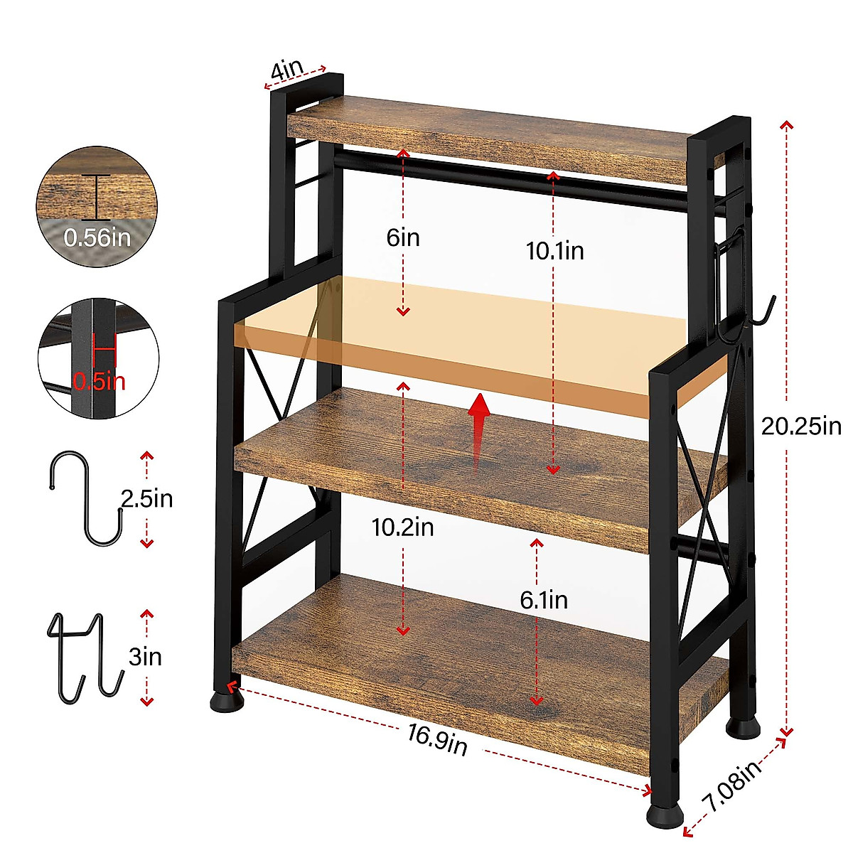 AKTOP 3-Tier Spice Rack Storage Shelves - Standing Kitchen Counter Shelf 20.1" with Hooks, Rustic Bathroom Countertop Organizer Vanity Shelf with Adjustable Shelf Cabinet, Easy Assembly