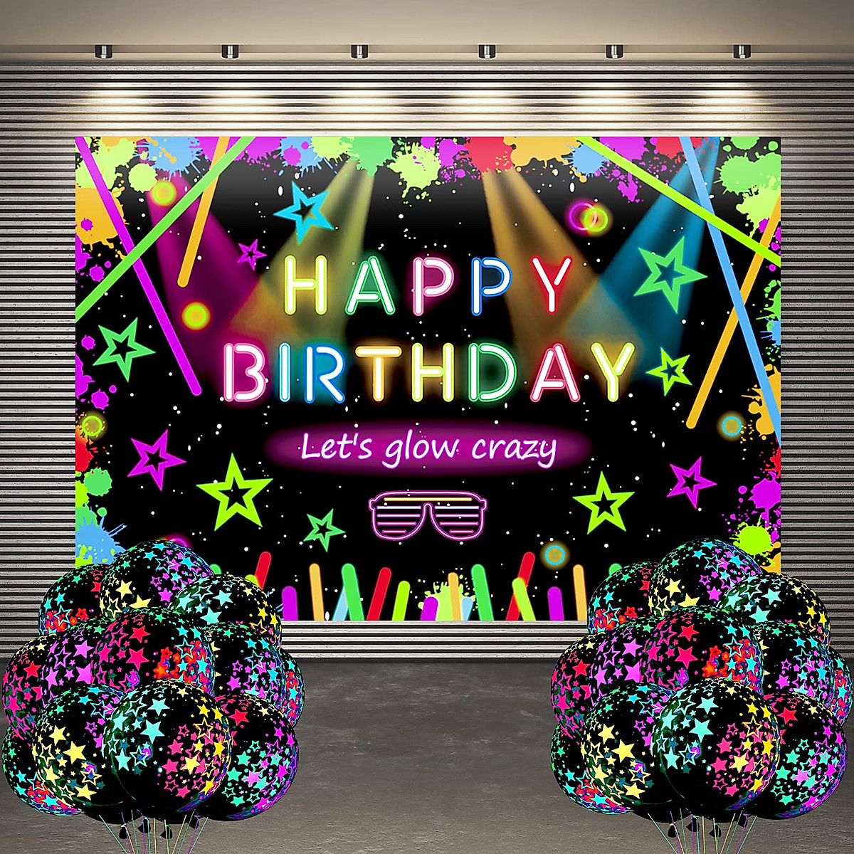 Neon Party Decorations, 5.9 x 3.6Ft Neon Party Backdrop with 18 Neon Balloons, Let Glow Party Banner Glow Party Supplies Neon Birthday Party Decorations for Kids
