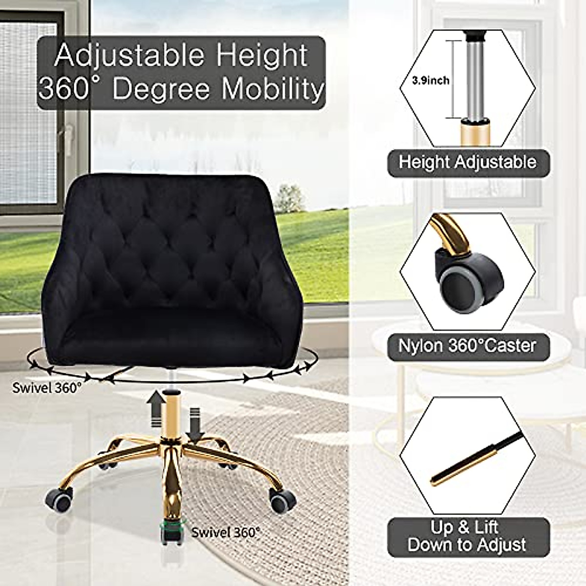 SSLine Velvet Office Chair,Modern Home Office Chairs Desk Chairs with Gold Metal Legs,Adjustable Swivel Armchair Vanity Chair Nice Task Chair for Office, Living Room,Bed Room (Black)