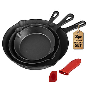 Cast Iron Skillet 3-Piece Set - Professional Pre-Seasoned Heavy-Duty Pan Cookware - 10 Inch, 8 Inch, 6 Inch Pans with Scraper & Handle Sleeve for Frying, Sautéing, Cooking, Baking