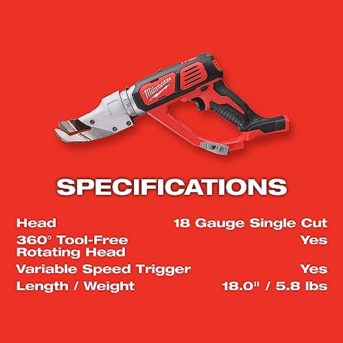 Milwaukee 2637-20 M18 Cordless 18 Gauge Single Cut Shear - Bare tool