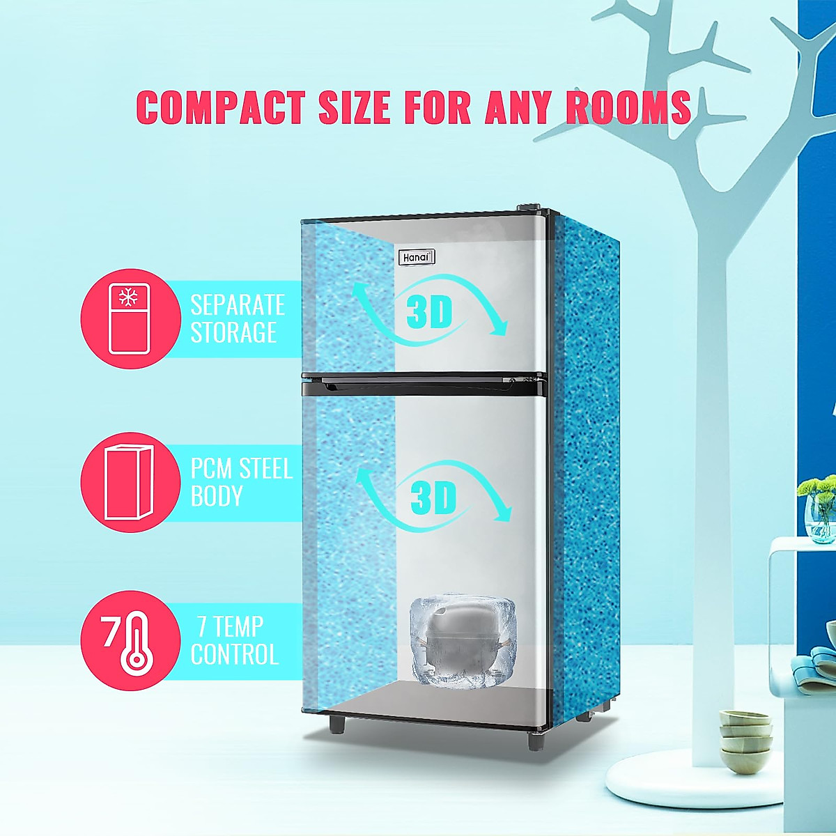 WANAI Small Refrigerator with Freezer 3.5 Cu.Ft Mini Fridge with Freezer on Top Double Door Small Fridge for Bedroom Dorm Room College Office Silver