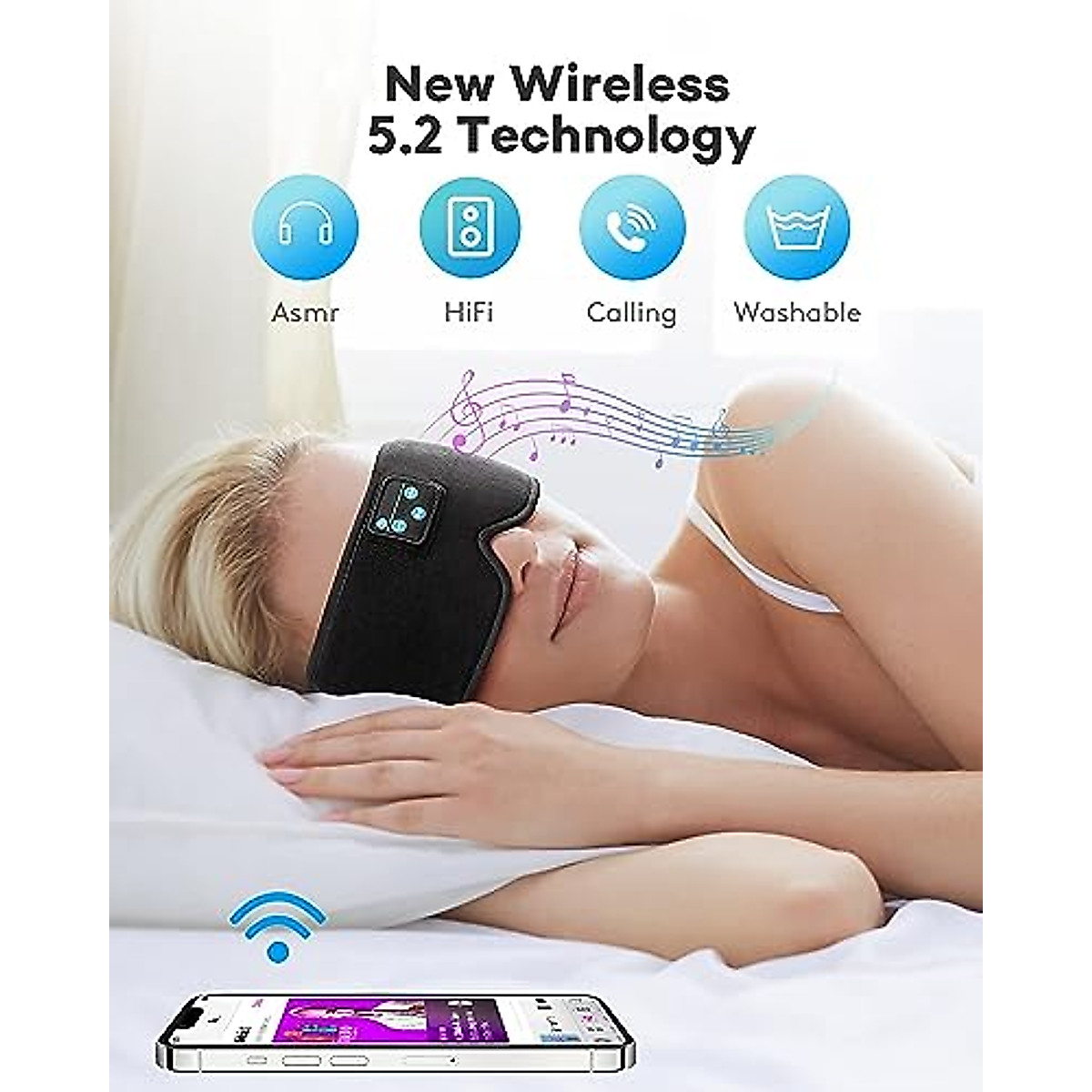 Sleep Headphones, Wireless Music Eye Mask,Ezona 3D Light Blocking Music Eye Mask Earbuds Cover with Adjustable Strap for Side Sleepers Insomnia Travel Yoga Nap Gifts for Men Women