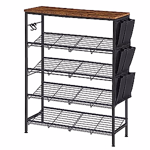 Hzuaneri 5 Tier Shoe Rack, Free Standing Shoe Storage for Entryway, Adjustable Shoe Organizer Shelves with 1 Side Pocket and 2 Hooks, Steel, Industrial, Rustic Brown and Black SR04101B