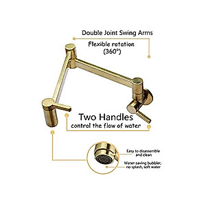 KATAIS Pot Filler Faucet Wall Mount Kitchen Sink Folding Faucet Double Joint Swing Arm Extended Spout Two Shut Off Handle Brass Brushed Gold Finish