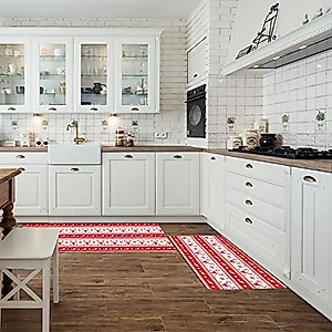 Libaoge Kitchen Mat Rug Set of 2 Christmas Elk Snowflake Xmas Tree Red Stripe Runner Rug Anti-Fatigue Comfort Memory Foam Standing Mat Non-Slip Floor Door Mat for Bathroom Bedroom 18x30in+18x60in