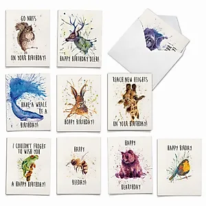 The Best Card Company - 10 Blank Happy Birthday Note Cards - Assorted Bulk Cute Humorous Animal Pun Birthday Greeting Cards Boxed Set (4 x 5.12 Inch) - Wildlife Expressions M2954BDB