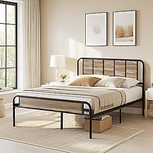VECELO Queen Size Metal Platform Bed Frame with Wooden Headboard,Sturdy Steel Slats Support/Matress Foudation/No Box Spring Needed(Grey Slate)