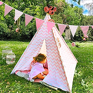 32Ft Hot Pink Striped Dot Pennant Banner Fabric Triangle Flag Bunting Garland Streamers for Wedding Birthday Baby Bridal Shower Party Home Nursery Outdoor Garden Hanging Festivals Decorations