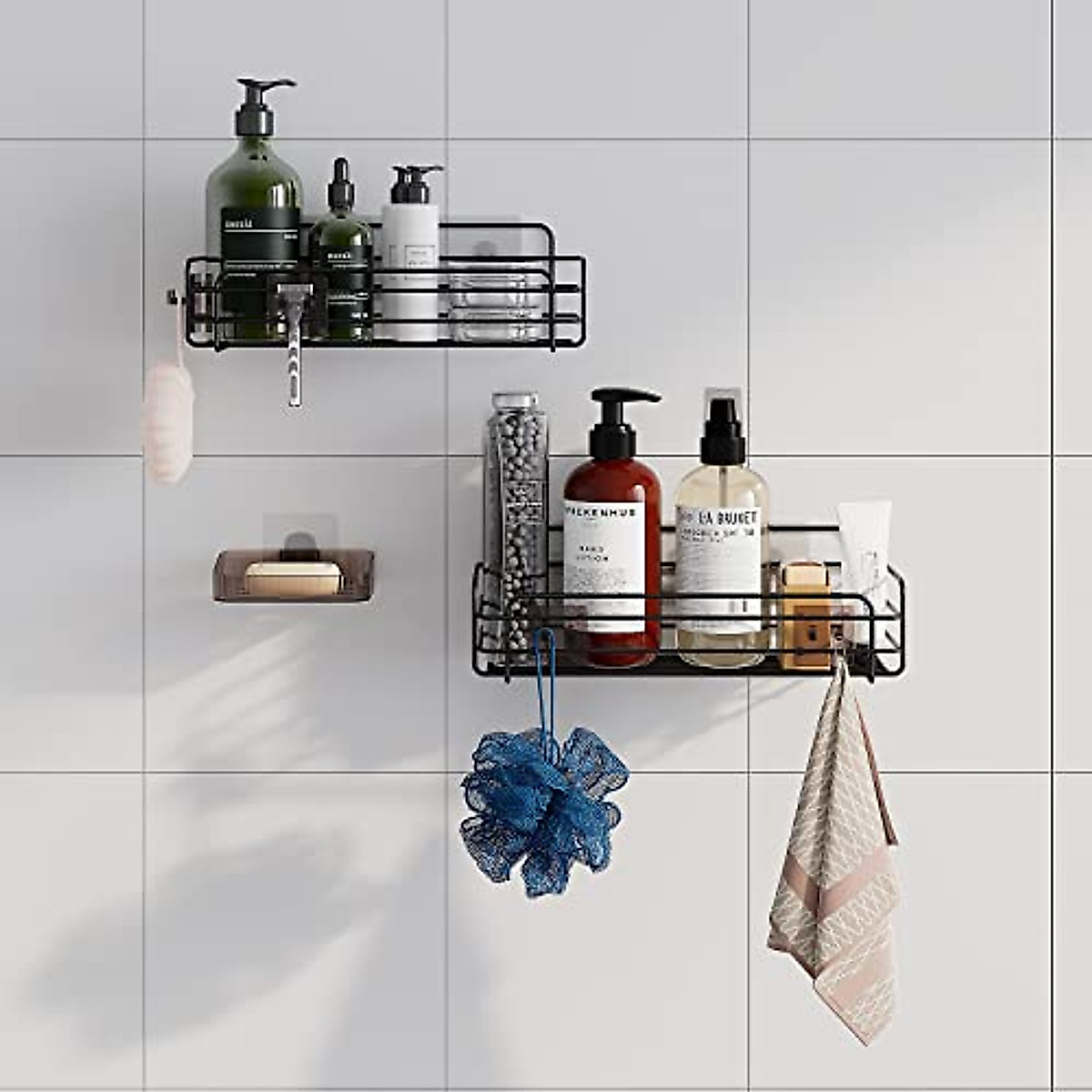 2-Pack Adhesive Shower Caddy With 4 Magic Hooks and 1 Pack Soap Dishes, No Drilling Rustproof Stainless Steel Eaeregs Shower Organizer for Inside Shower & Kitchen Storage(Matte Black Round wire style)