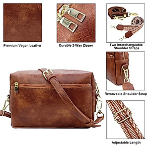 YUHAN PRETTY Small Crossbody Bags Purses for Women Triple Zip Vegan Leather Shoulder Handbags with Guitar & Leather Straps(Brown)