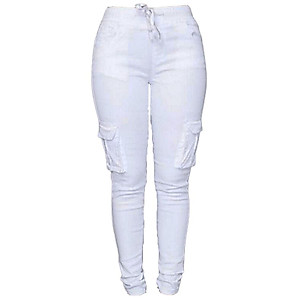 Andongnywell Womens Casual Stretch Drawstring Skinny Pants Cargo Jogger Pants High Waist Tie Butt Lift Pant with Pockets (White,Medium)