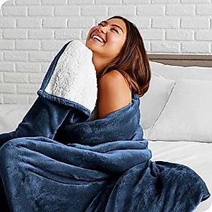 Bare Home Sherpa Fleece Blanket - Throw/Travel Blanket - Blanket for Bed, Sofa, Couch, Camping and Travel - Warm & Lightweight - Fluffy & Soft Plush Blanket - Reversible (Throw/Travel, Dark Blue)