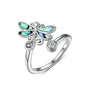 SVODEA 925 Sterling Silver Created Abalone Shell Dragonfly/Butterfly Adjustable Rings,Dainty Cubic Zirconia Animal Statement Rings Gifts for Women
