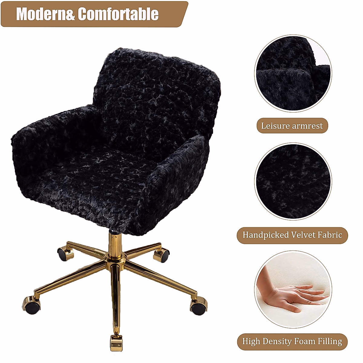 LKTART Faux Fur Home Office Desk Chair for Women Girl, Modern Accent Chair with Rolling Wheels, Upholstered Vanity Makeup Chairs Height Adjustable Armrest for Living Room Bedroom Office Black