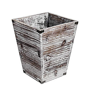 Liry Products Rustic Torched Wood Square Waste Basket Farmhouse Style Recycle Bin Trash Can Decorative Metal Brackets Whitewashed Wooden Garbage Container Ash Holder Bedroom Living Room Home Office