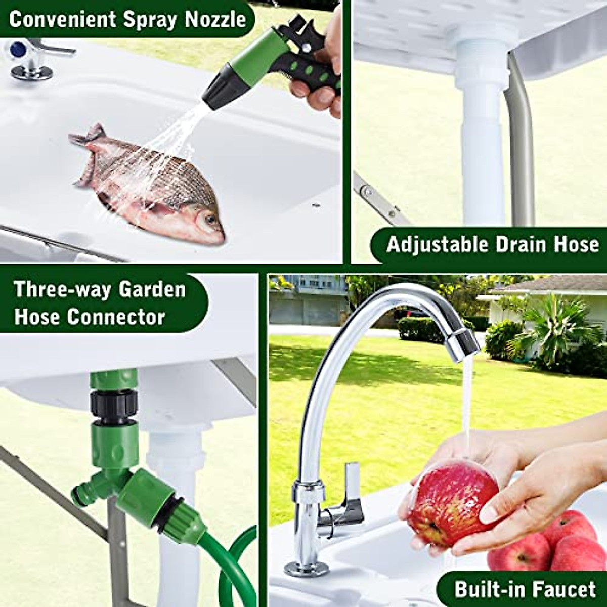 Avocahom Folding Fish Cleaning Table Portable Camping Sink Table w/Dual Water Basins, Faucet Drainage Hose & Sprayer Outdoor Fish Fillet Cleaning Station w/Knife