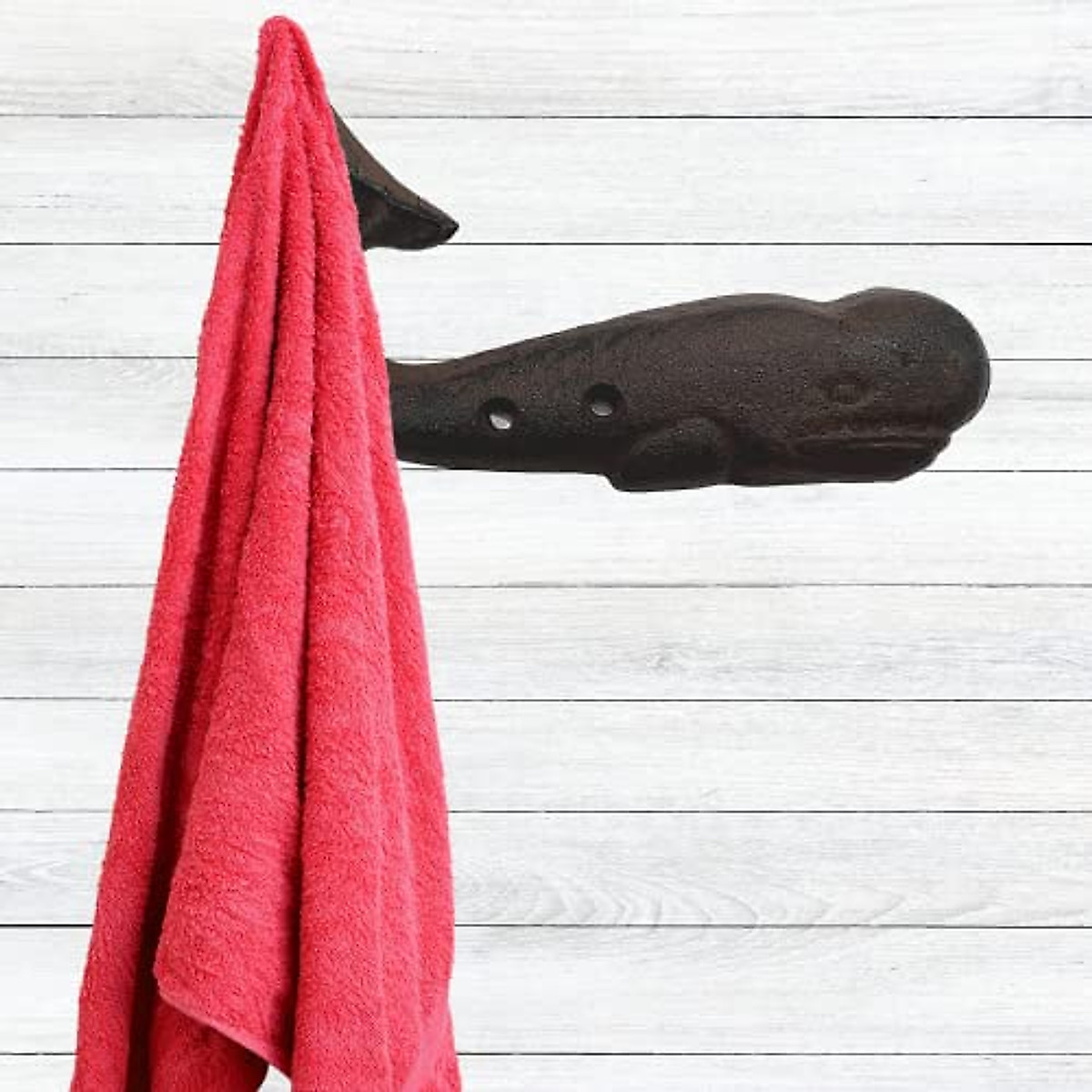 Needzo Cast Iron Nautical Whale Towel Hook Holder, Wall Mounted Hooks for Hanging Towels, Coats, and More, Rustic Coastal Bathroom Decor for Beach Houses, 5.5 Inches